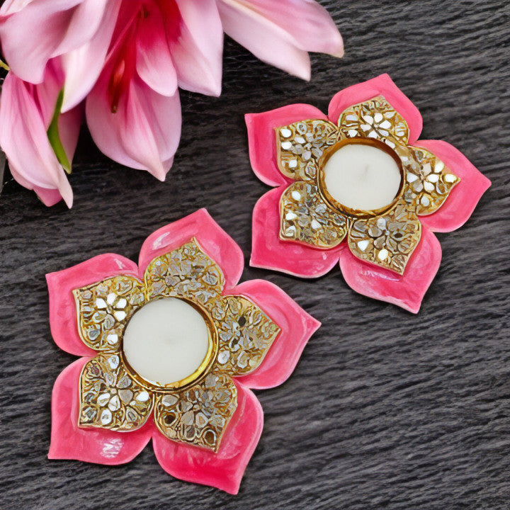 Pink Flower Diya Set (Pair of 2) - Accessory – Label DC